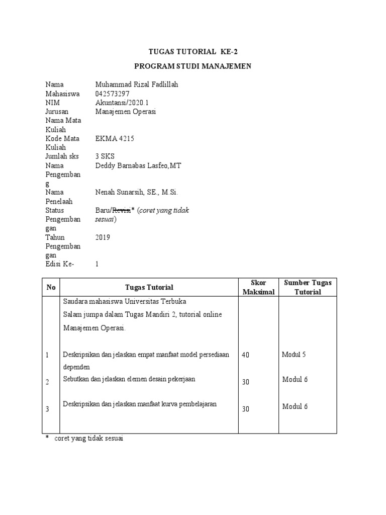 TUGAS 2 Manajemen Operasi - Muhammad Rizal Fadlillah 042573297 | PDF