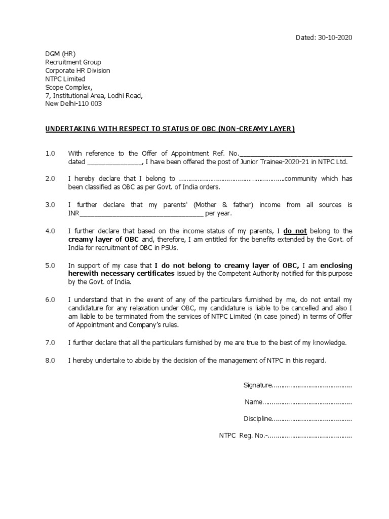 OBC Non-Creamy Layer Undertaking Form | PDF | Finance & Money Management
