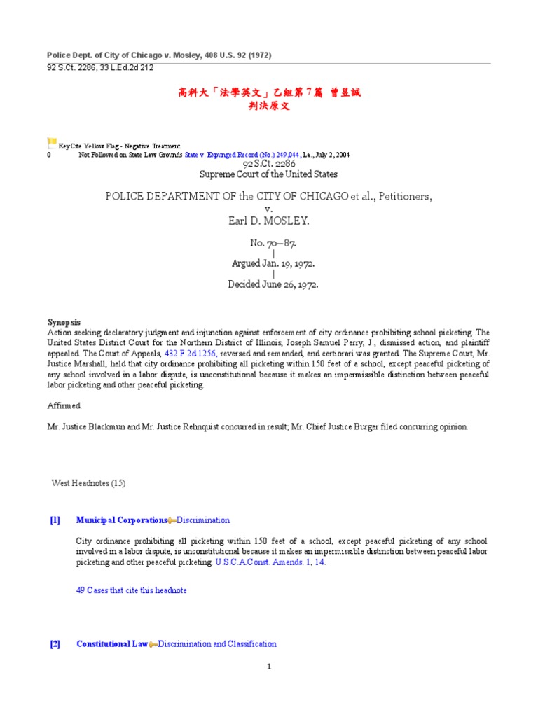 Chicago Picketing Ordinance Ruling | PDF | Equal Protection Clause ...