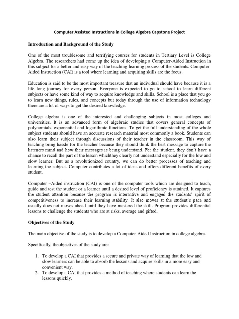 Computer Assisted Instructions in College Algebra Capstone Project ...