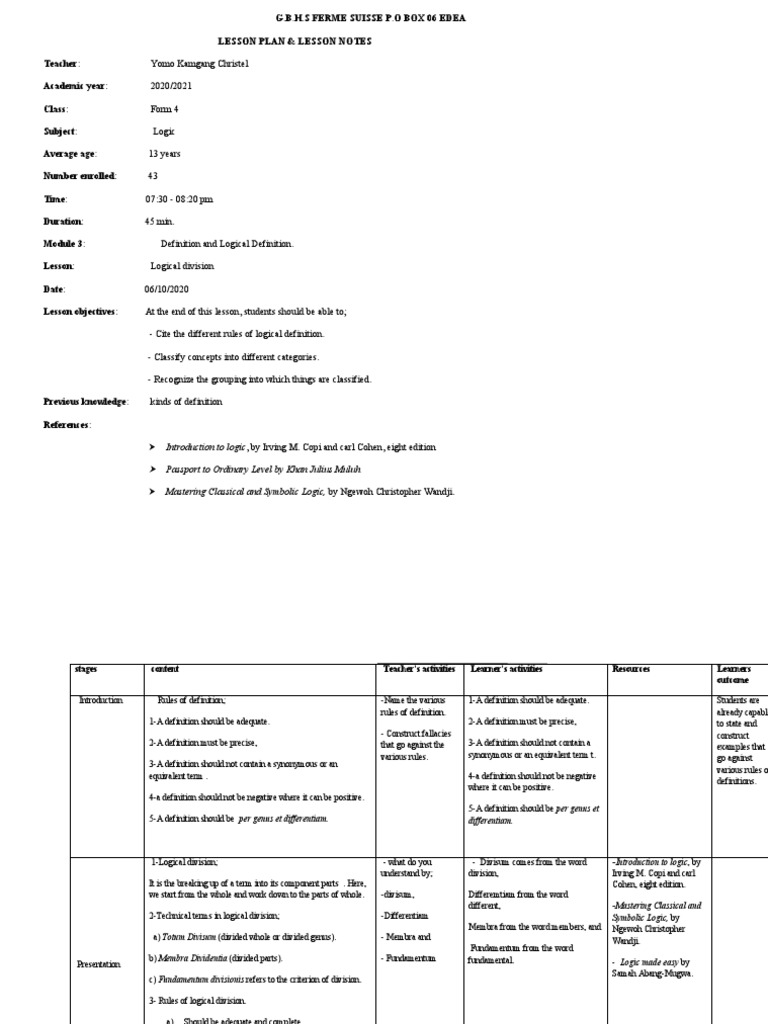 LESSON PLAN Logical Division F4 | PDF | Definition | Lesson Plan