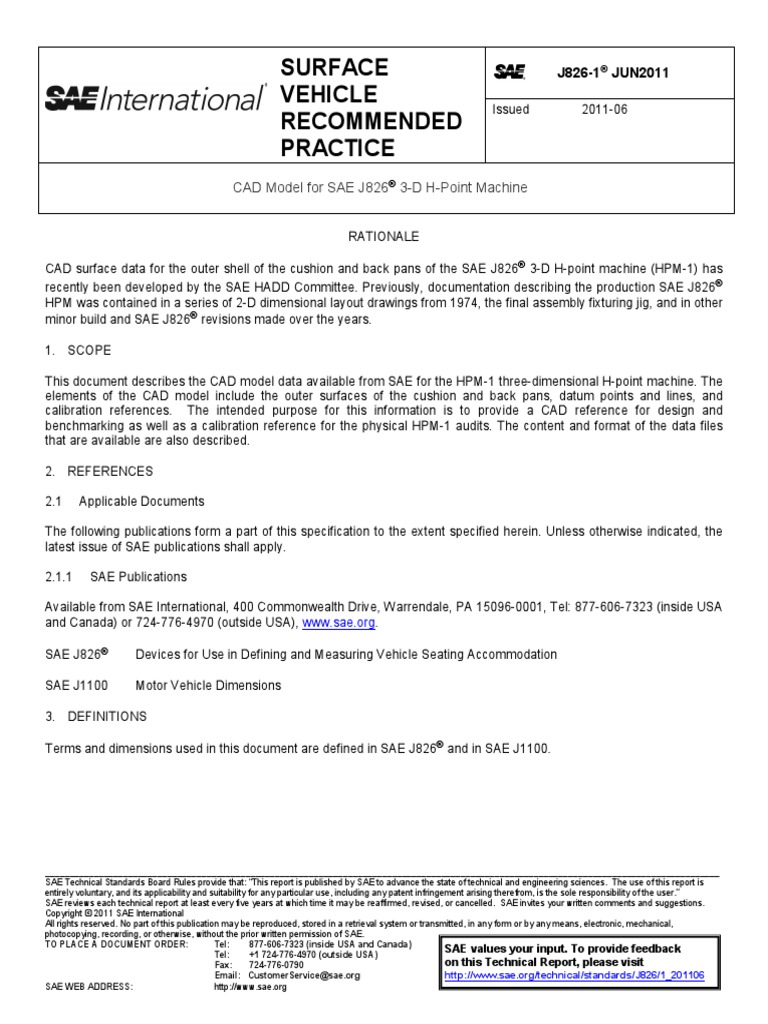 Surface Vehicle Recommended Practice: CAD Model For SAE J826 3-D H-Point Machine | PDF ...