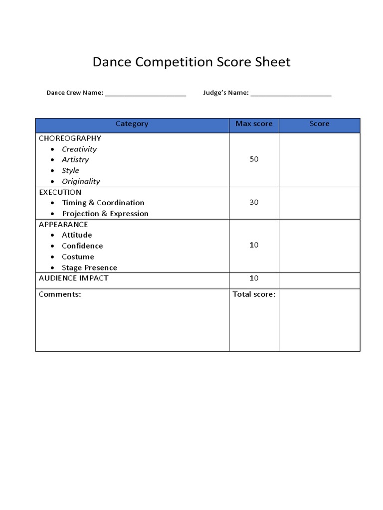 Dance Competition Score Sheet PDF | PDF