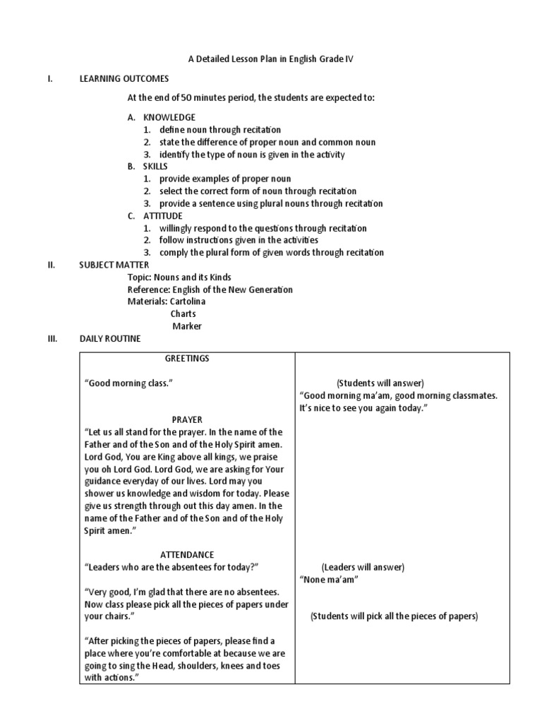 A Detailed Lesson Plan in English Grade IV | PDF | Plural | Noun