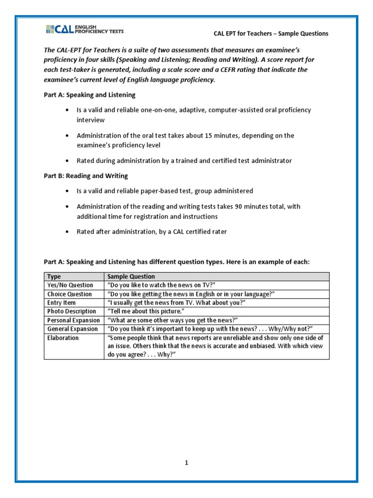 CAL EPT Teacher Sample Questions Printable | PDF | Evaluation Methods ...