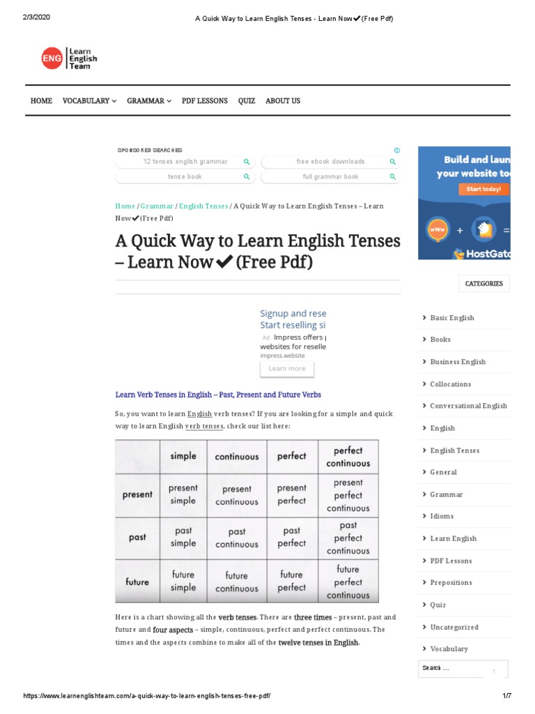 A Quick Way To Learn English Tenses - Learn Now (Free PDF | PDF