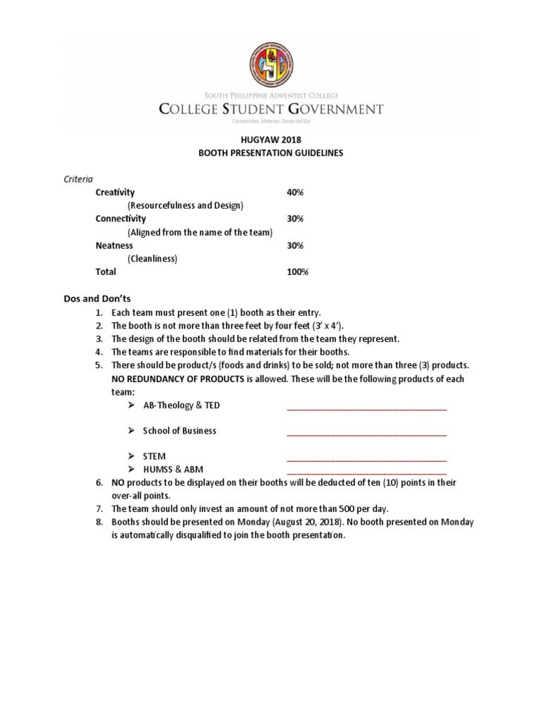 HUGYAW 2018 Booth Presentation Guidelines: Criteria | PDF