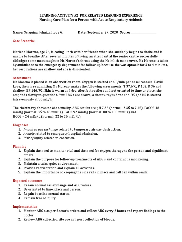 LEARNING ACTIVITY 2 For RLE A Person With Acute Respiratory Acidosis ...