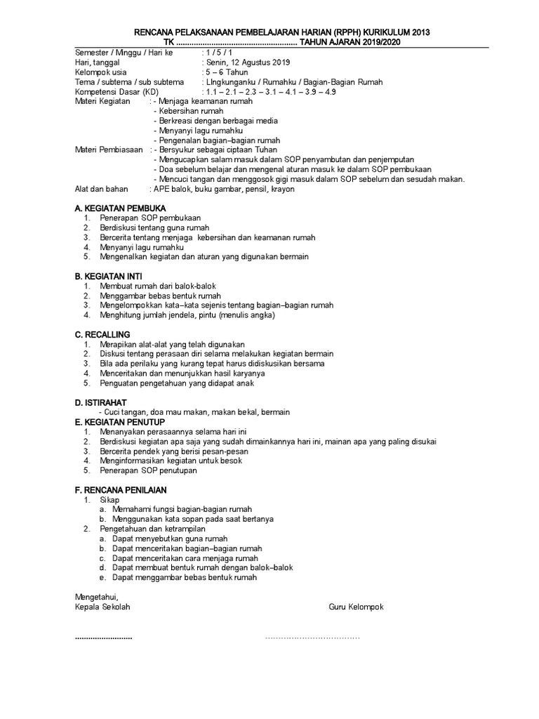 RPPH TK Kelompok B Tema Lingkunganku Sub Tema Rumahku Minggu Ke 5 | PDF