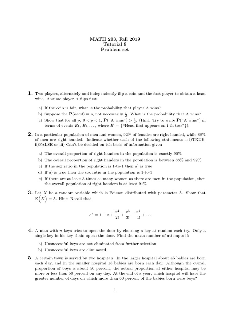 MATH 203, Fall 2019 Tutorial 9 Problem Set | PDF | Mathematical And Quantitative Methods ...