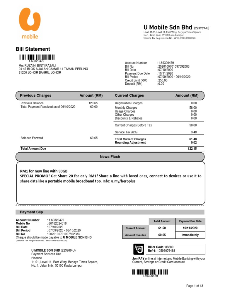 U Mobile Bill Statement Oct 2020 | PDF | Payments | Debit Card