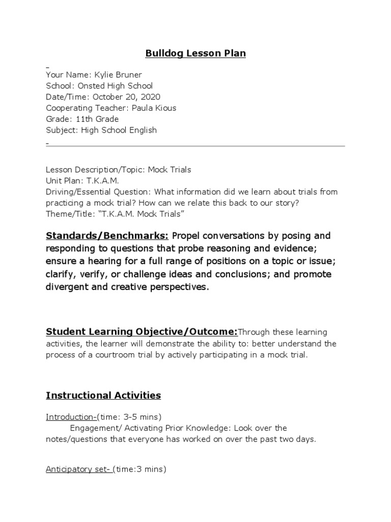 T.K.A.M. Mock Trial Lesson Plan | PDF | Educational Assessment | Lesson ...