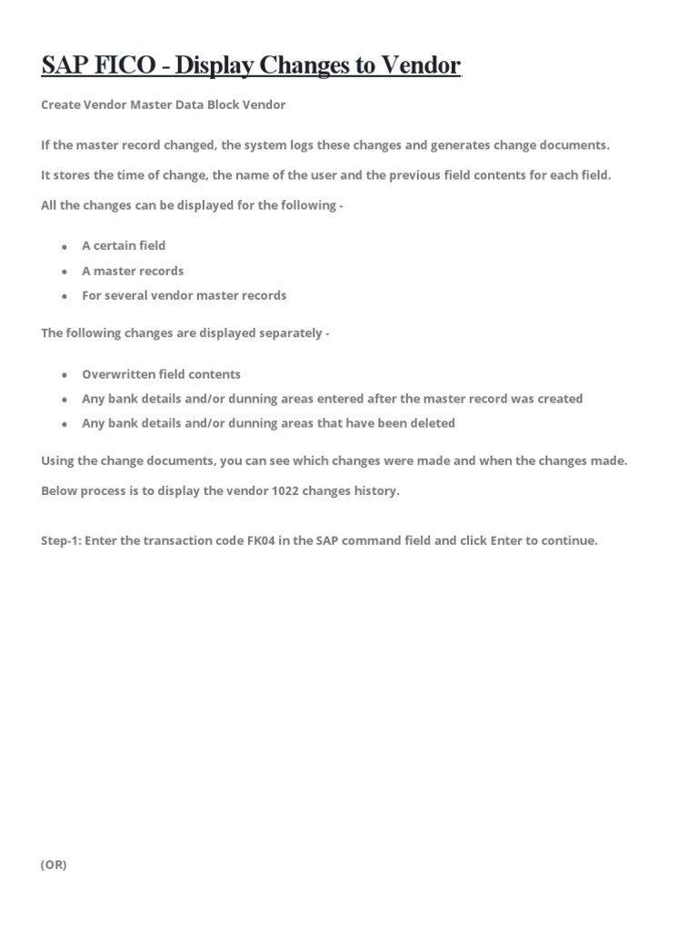 SAP FICO Display Changes To Vendor | PDF