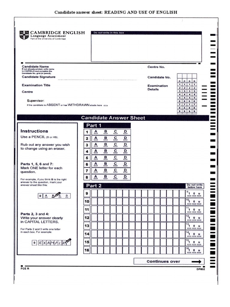 Fdocuments - in - Candidate Answer Sheet Reading and Use of English | PDF