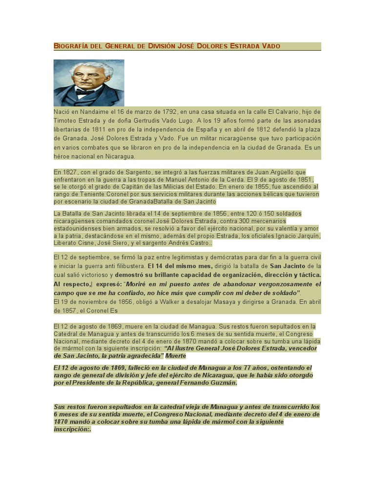 Biografía del General de División José Dolores Estrada Vado | PDF ...
