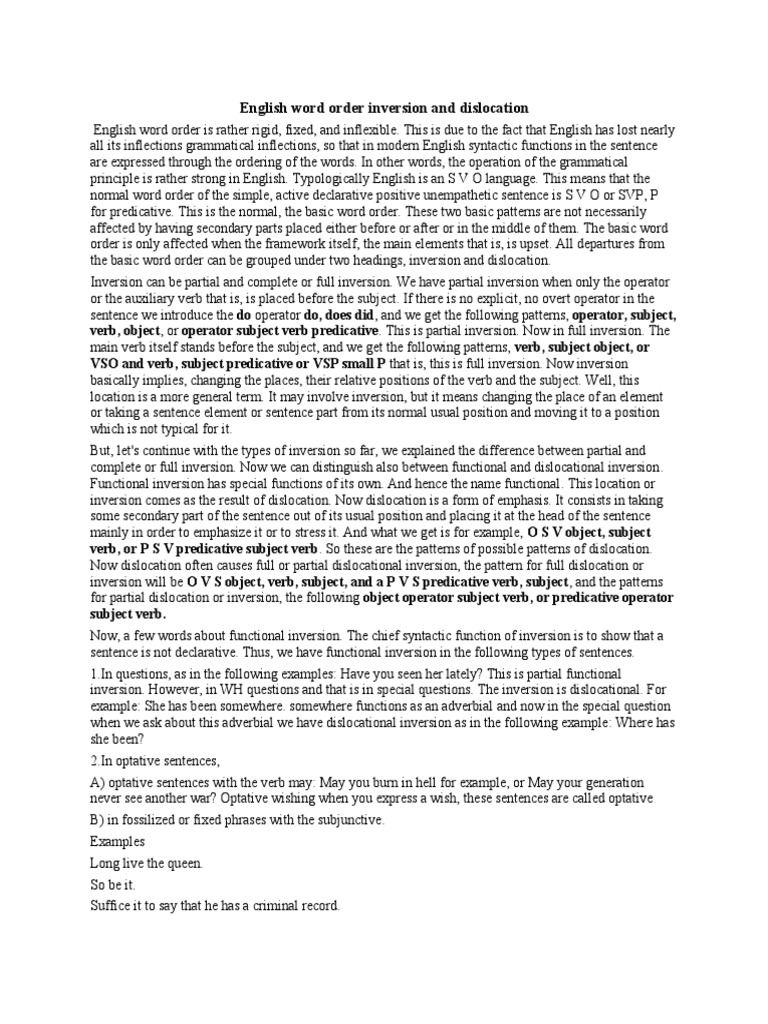 English Word Order Inversion and Dislocation | PDF | Subject (Grammar ...