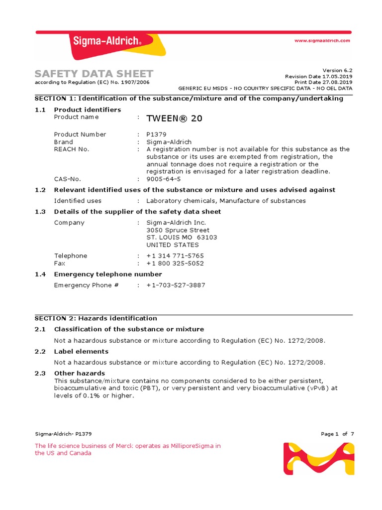 Tween® 20 SDS | PDF | Toxicity | Dangerous Goods