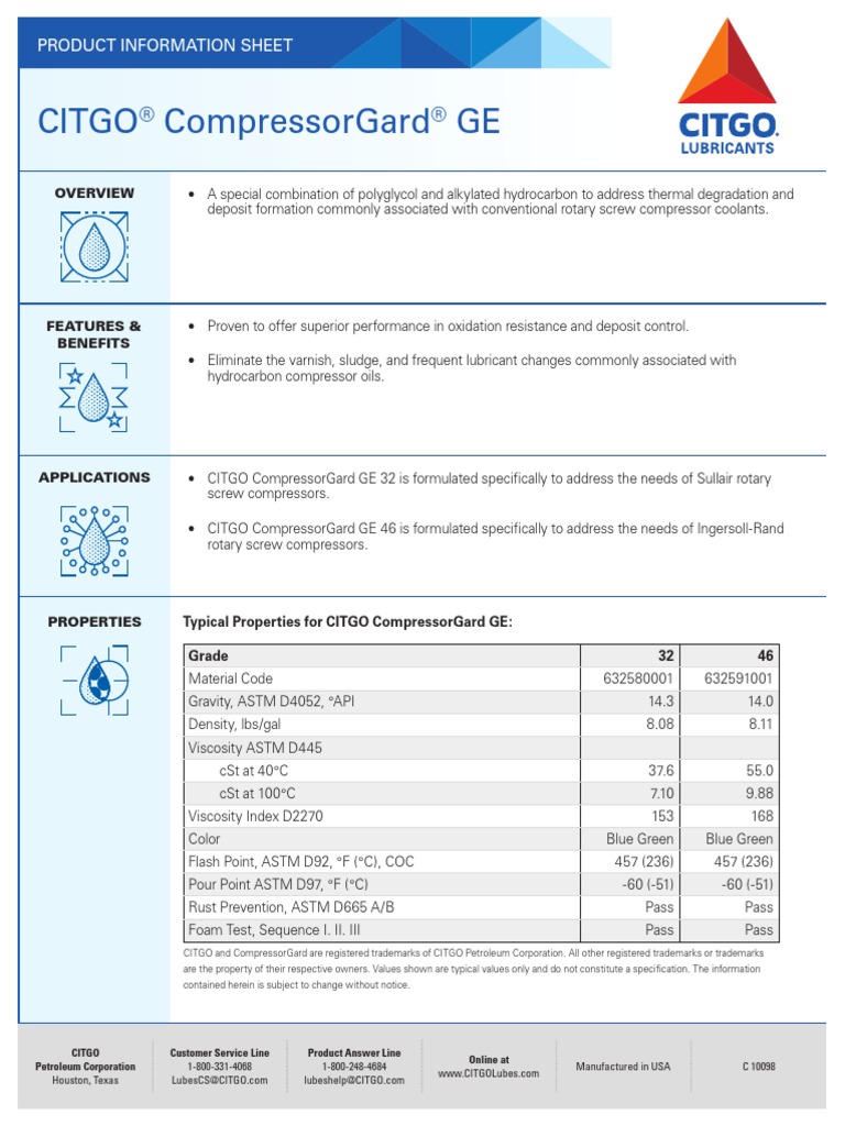 Citgo Compressorgard Ge: Product Information Sheet | PDF | Materials ...