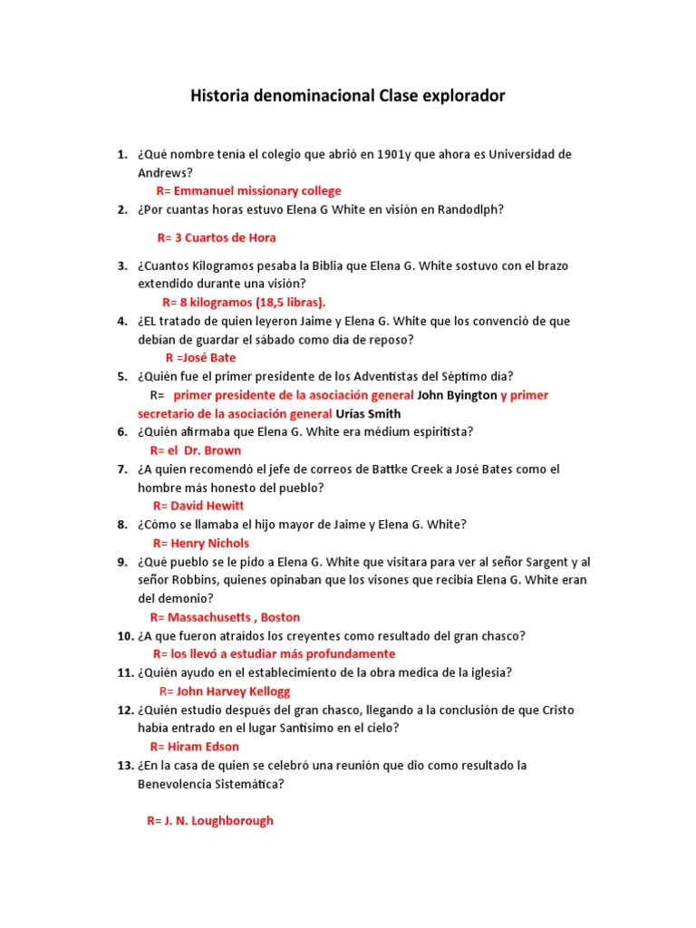 Historia Denominacional Clase Explorador | PDF | Adventismo | Iglesia ...