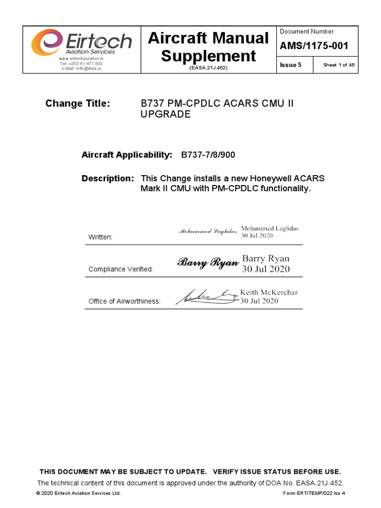 Aircraft Manual Supplement: B737 PM-CPDLC Acars Cmu Ii Upgrade ...