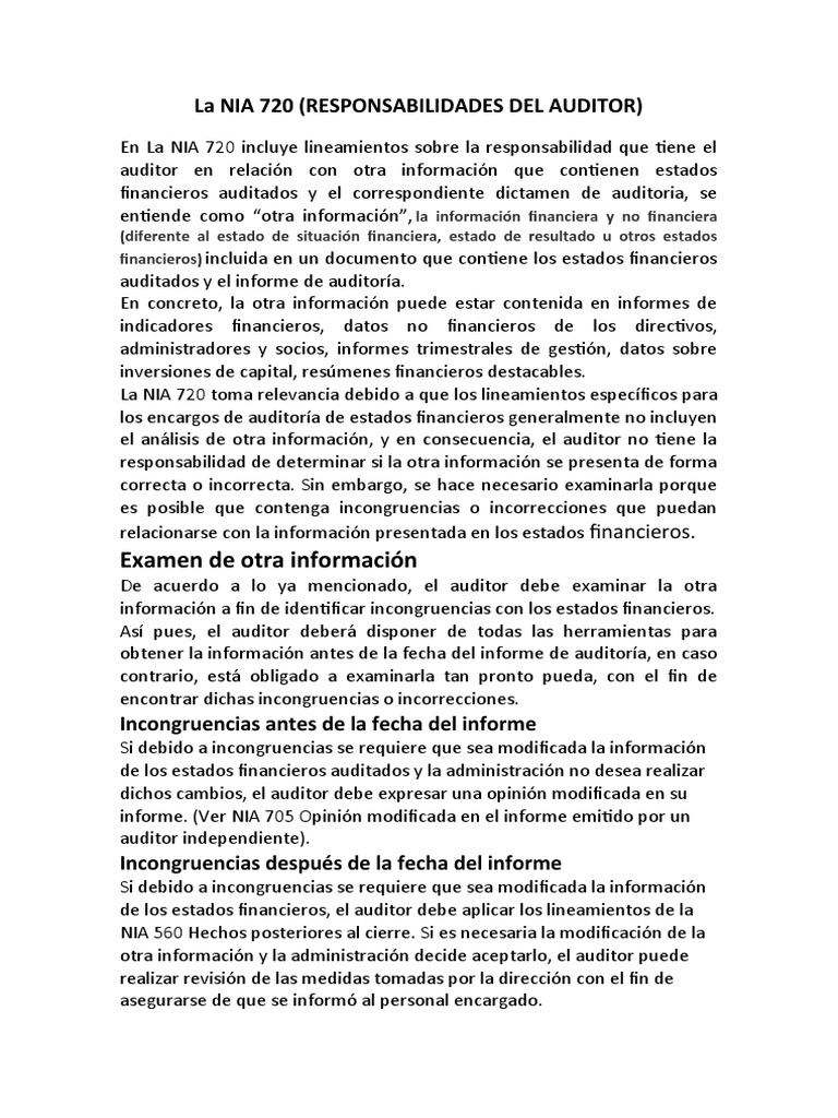 Resumen Nia 720 | PDF | Contralor | Auditoría