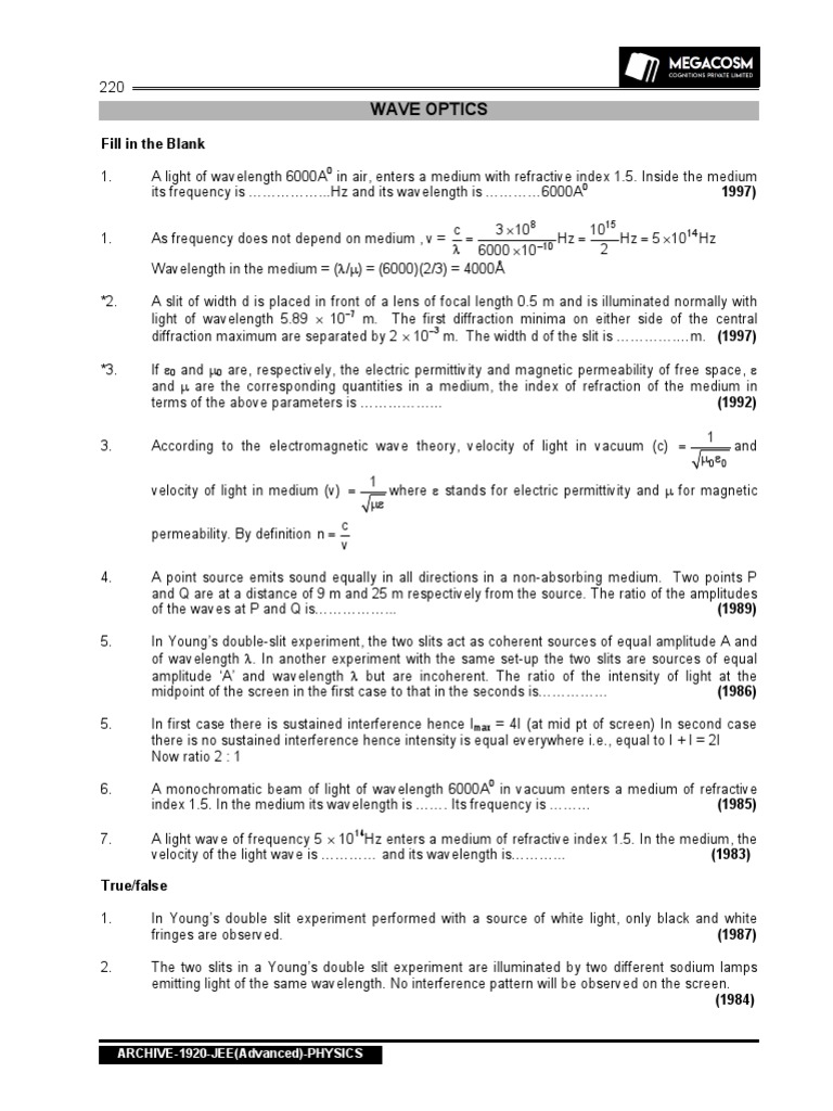 Wave Optics: Fill in The Blank | PDF | Wavelength | Diffraction
