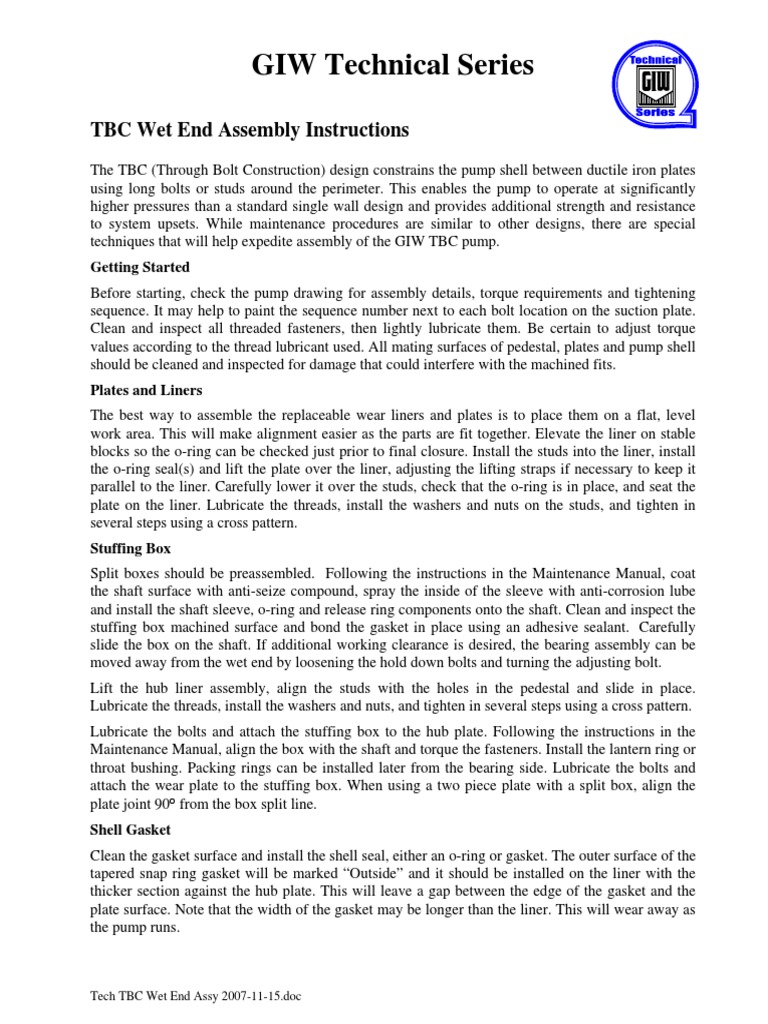 GIW Technical Series: TBC Wet End Assembly Instructions | PDF | Nut ...