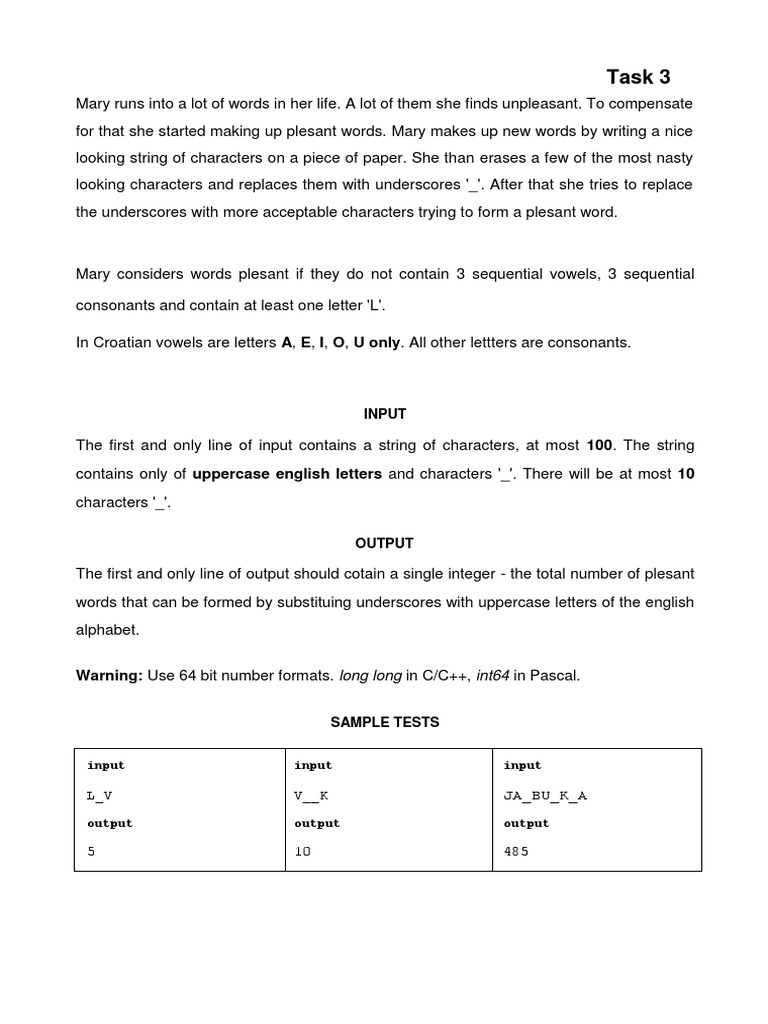 Task 3: Warning: Use 64 Bit Number Formats. Long Long in C/C++, Int64 ...