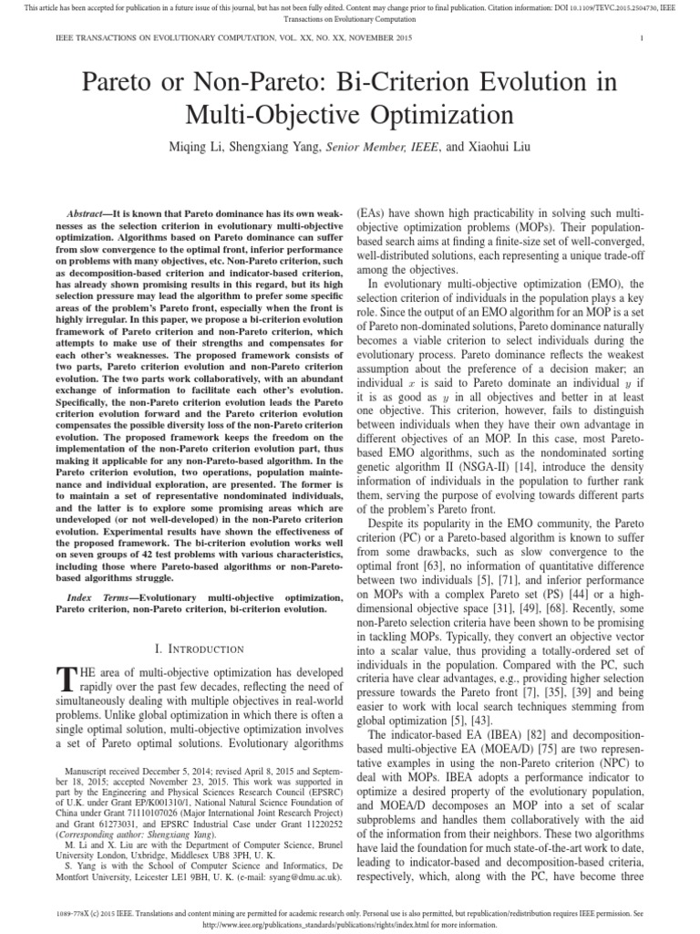 Pareto or Non-Pareto: Bi-Criterion Evolution in Multi-Objective Optimization | PDF | Pareto ...