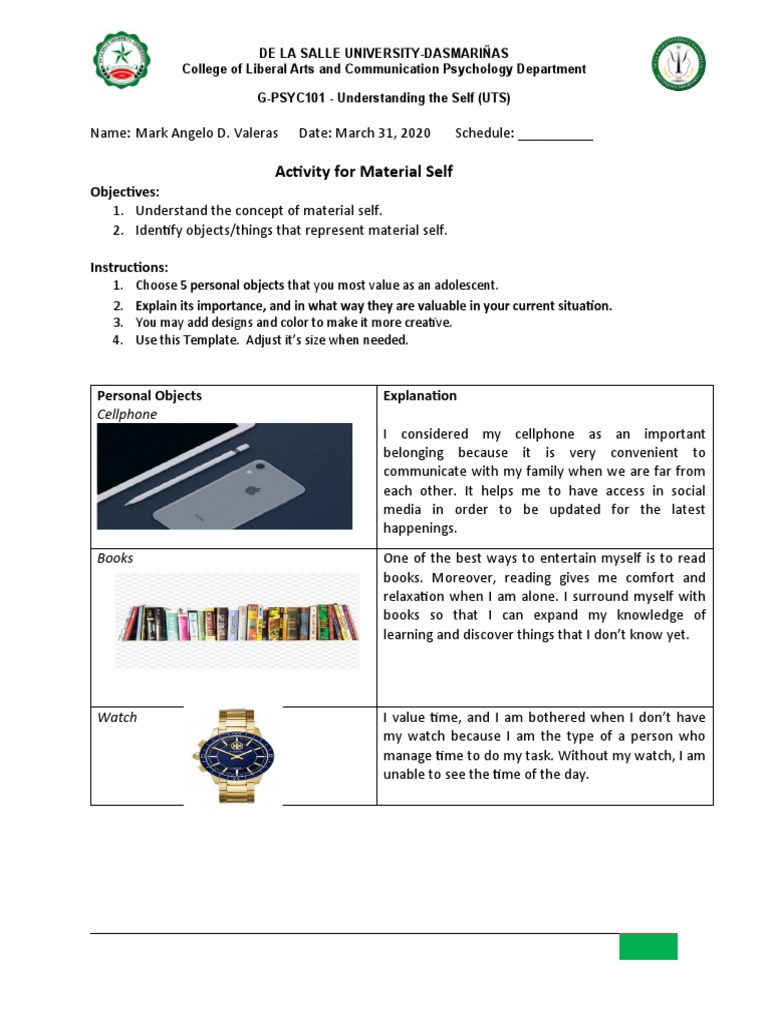 Activity For Material Self: Objectives | PDF | Cognition | Behavioural Sciences