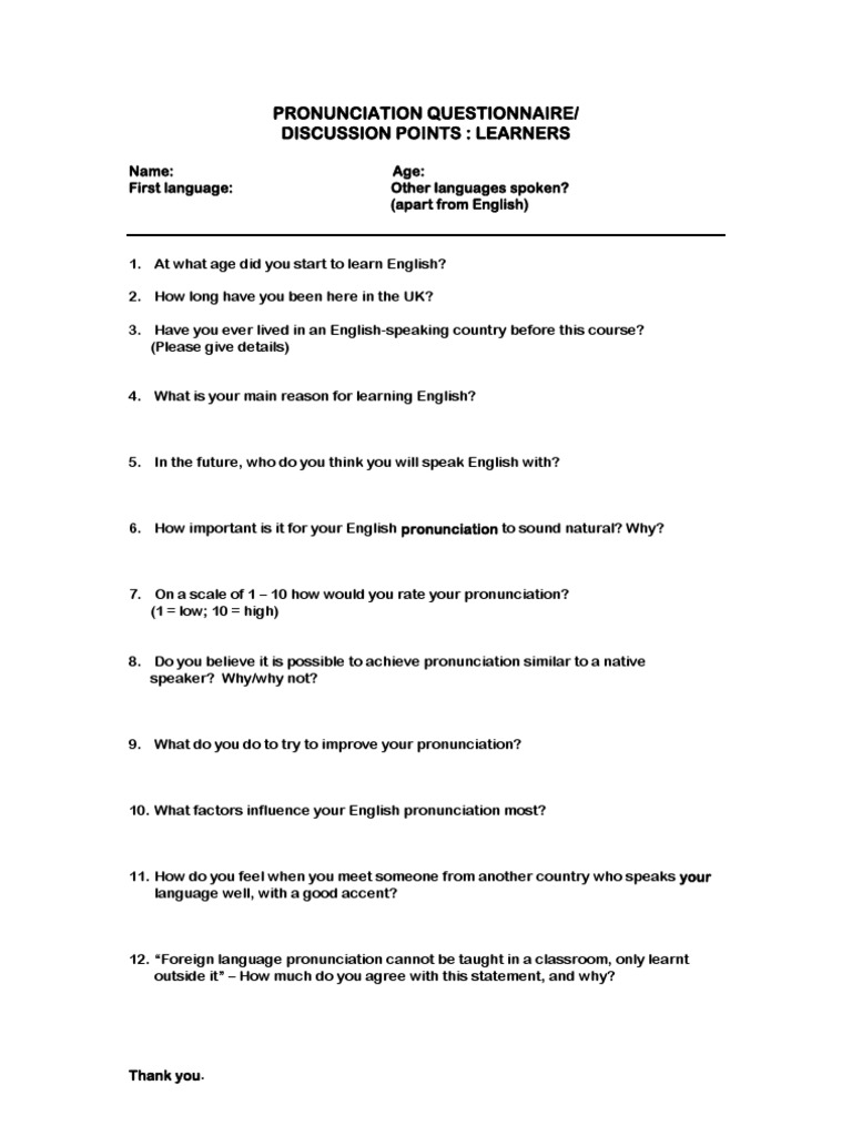 Pronunciation Questionnaire for Learners and Teachers | PDF
