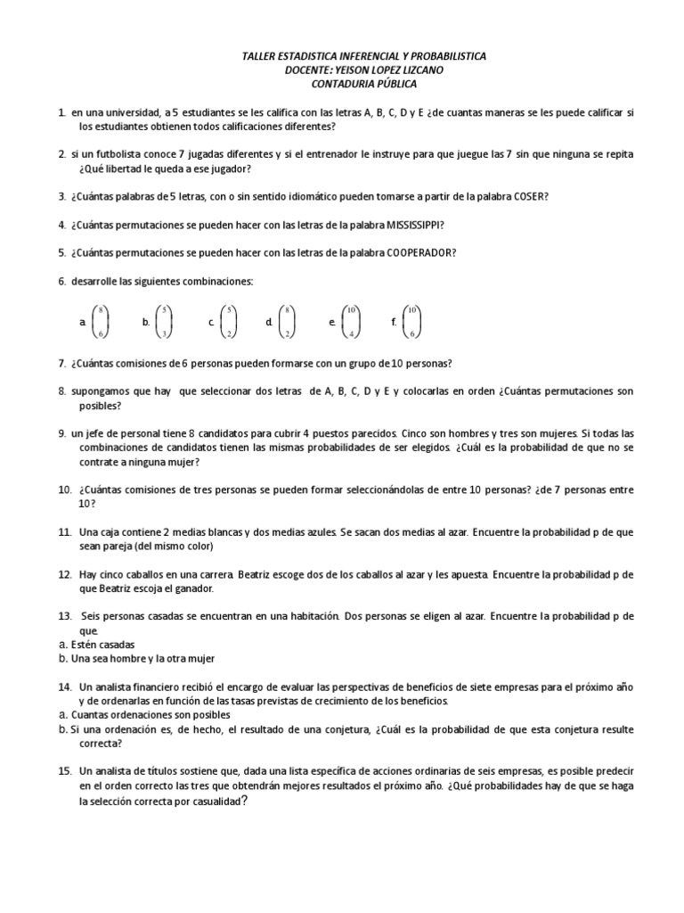 Taller Estadistica Combi y Permu | PDF | Probabilidad | Ocio