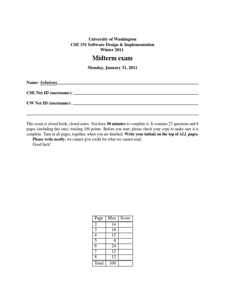 Midterm Exam: University of Washington CSE 331 Software Design & Implementation Winter 2011 ...