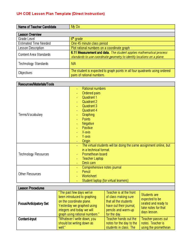 UH COE Lesson Plan Template (Direct Instruction) | PDF | Cartesian ...