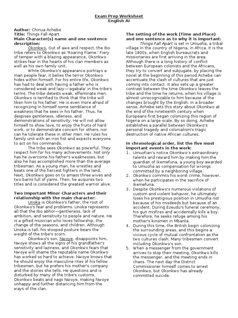 Things Fall Apart Exam Prep Worksheet | PDF | Narrative