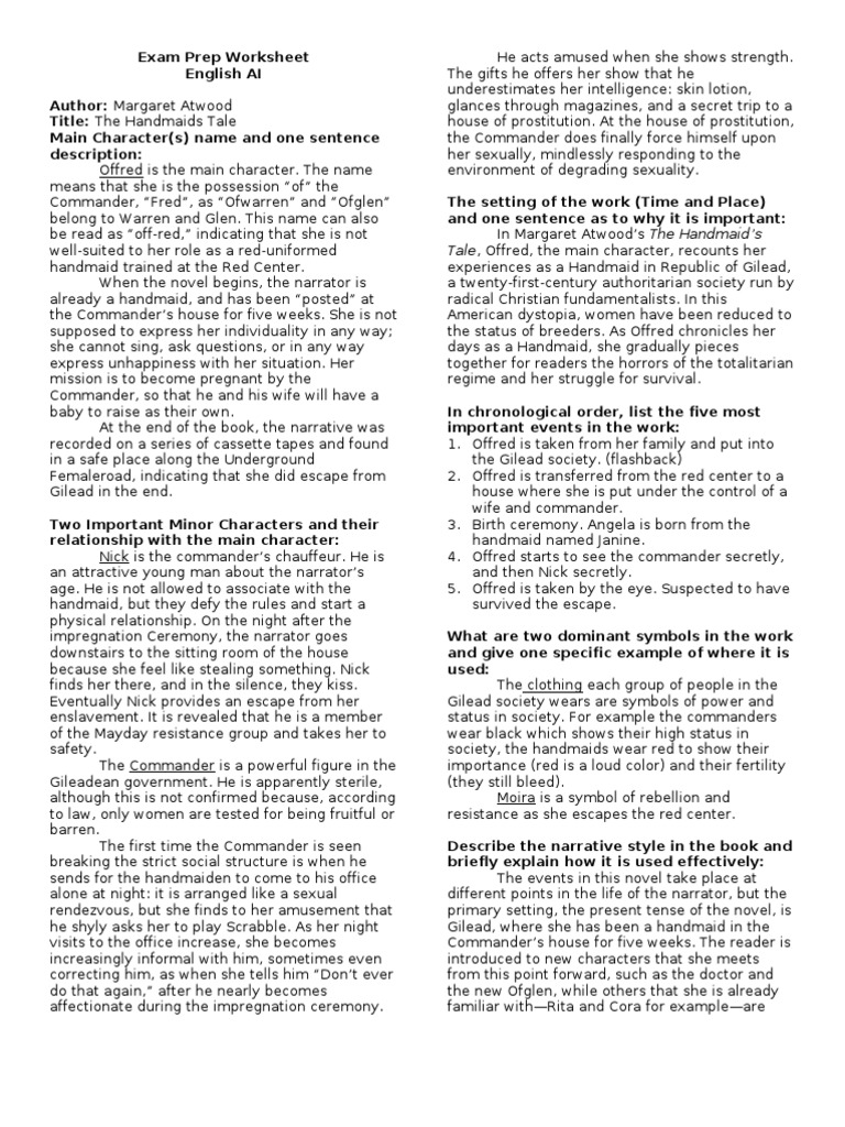 Exam Prep Worksheet - Handmaids Tale | PDF