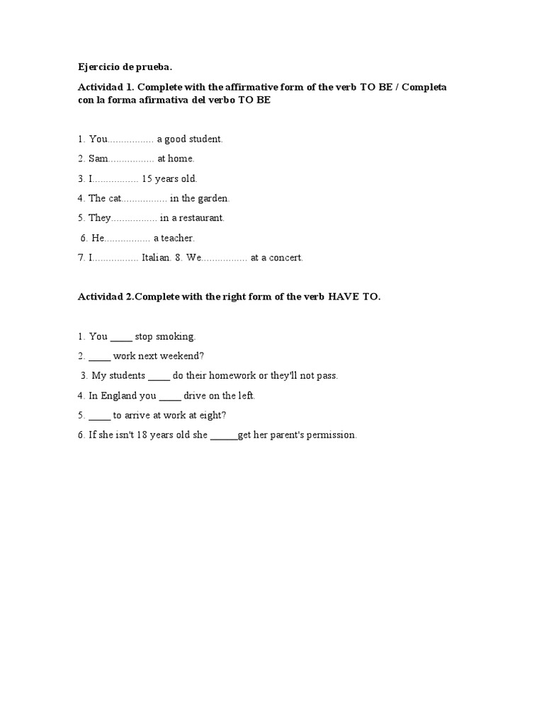 Ejercicio de Prueba. Actividad 1. Complete With The Affirmative Form of ...