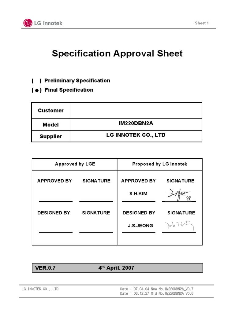 Specification Approval Sheet: Preliminary Specification Final ...