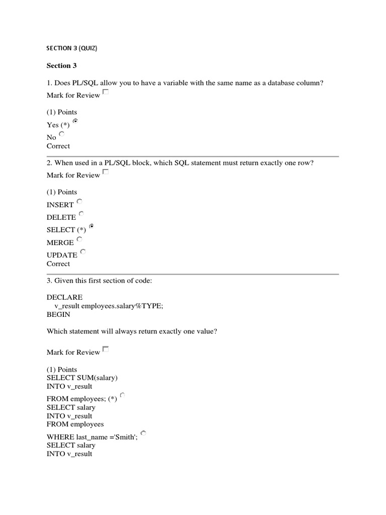 Section 3 (Quiz) | PDF | Pl/Sql | Information Retrieval