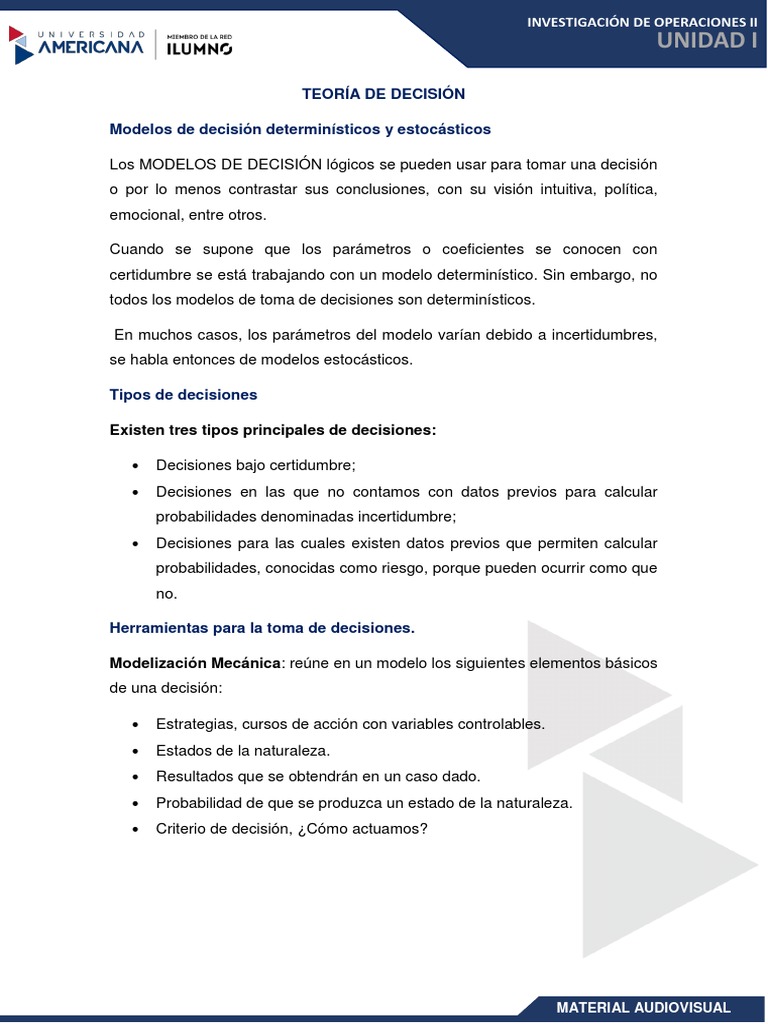 U1 Investigación de Operaciones II | PDF | Toma de decisiones ...