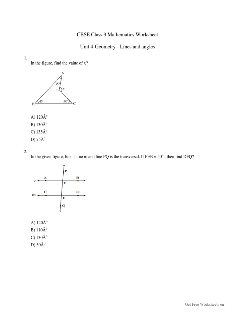 Lines and Angles CBSE Class 9 Worksheet | PDF | Triangle | Angle