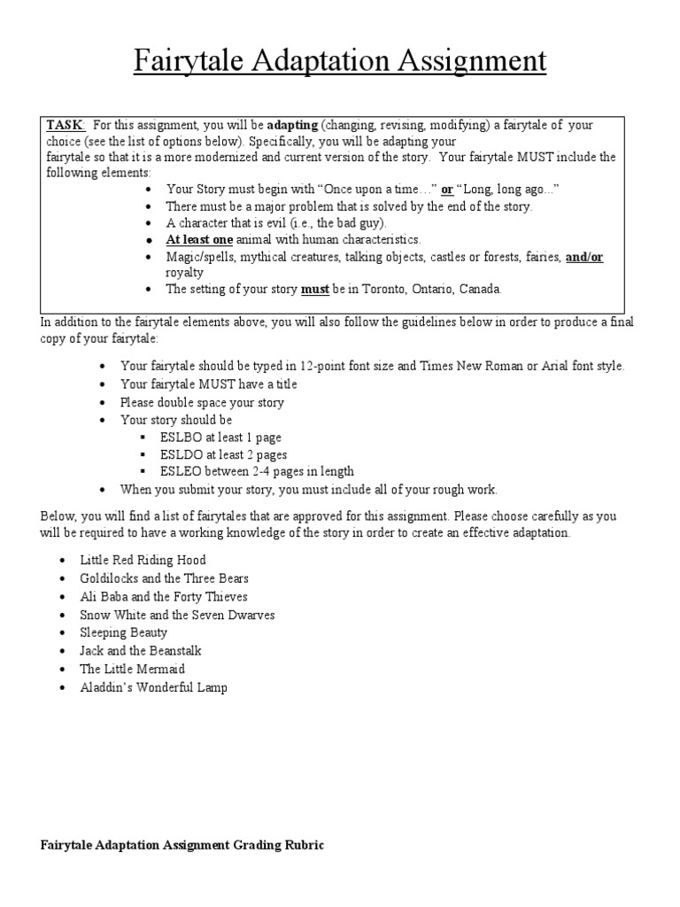 Fairytale Adaptation Assignment | PDF | Snow White | Fairy Tales