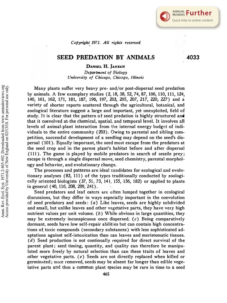 Janzen, D. H. (1971) - Seed Predation by Animals. | PDF | Seed | Predation