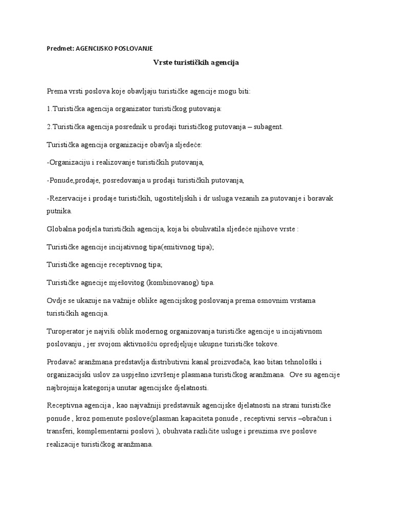 Vrste Turističkih Agencija | PDF
