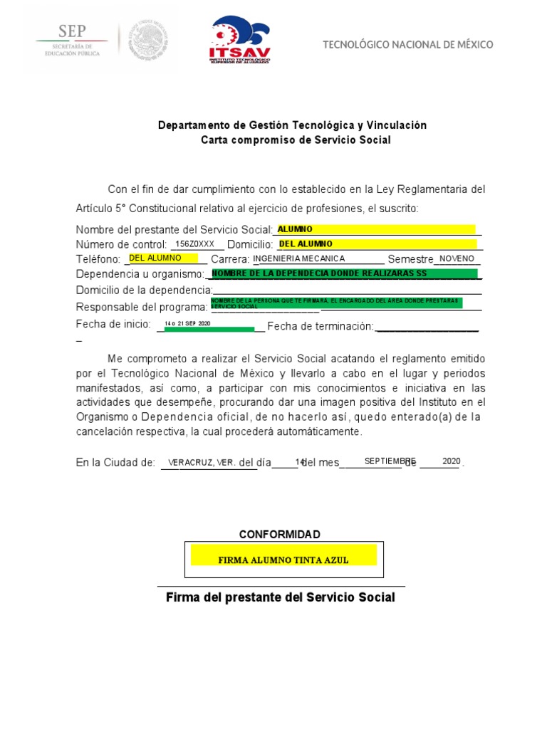 Carta Compromiso Servicio Social Técnico | PDF