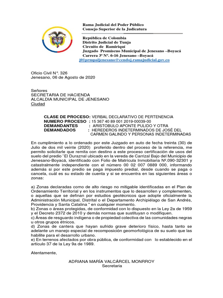 Oficio Civil Nº. 326 Alcaldía Proceso 2019 - 039 PDF | PDF | Gobierno | Poder judicial (sistema ...