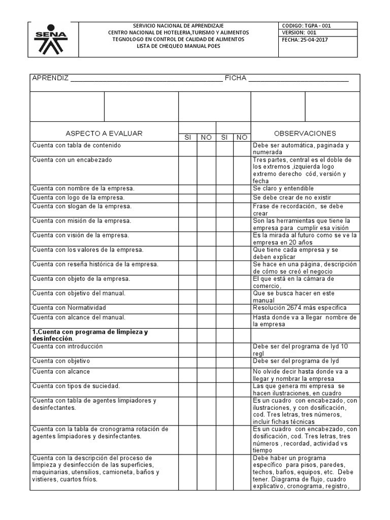Lista de Chequeo MANUAL POES | PDF | Lavado de manos | Bienestar