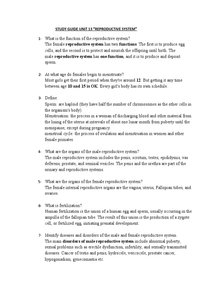 Study Guide Unit 13 "Reproductive System" 1 | PDF | Reproductive System ...