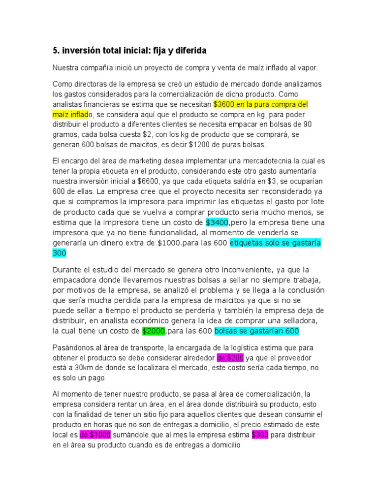5.inversión Total Inicial Fija y Diferida | PDF | Valor presente neto ...