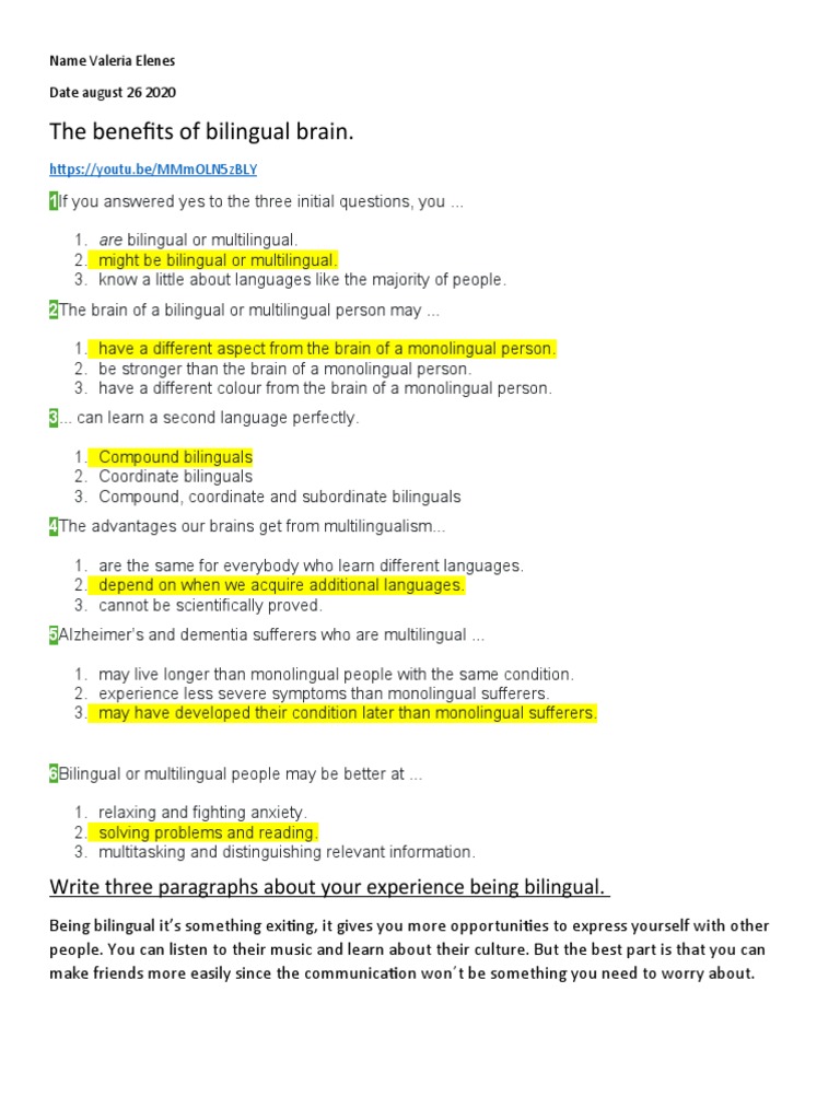 The Benefits of Bilingual Brain.: Write Three Paragraphs About Your ...